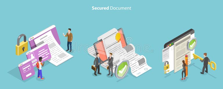 3D Isometric Flat Vector Conceptual Illustration of Secured Document ...