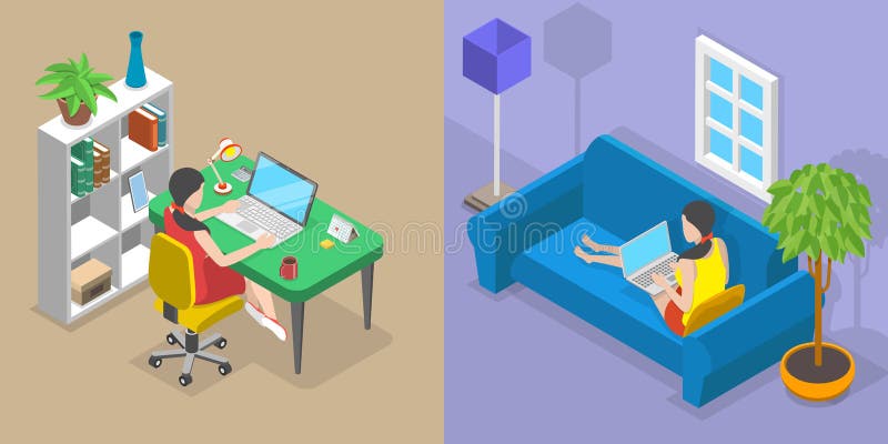 3D Isometric Flat Vector Conceptual Illustration of Working from Home ...