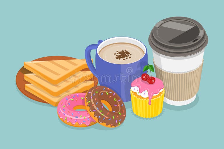 3D Isometric Flat Vector Illustration of Breakfast Drinks and Pastries ...