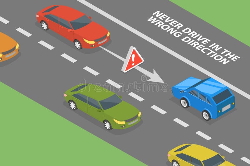 3D Isometric Flat Vector Illustration of Driving in the Wrong Direction ...