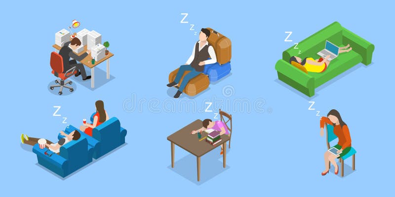 3D Isometric Flat Vector Illustration of Exhausted and Sleepy People ...