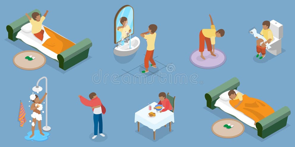3D Isometric Flat Vector Illustration of Kids daily Routine Stock ...