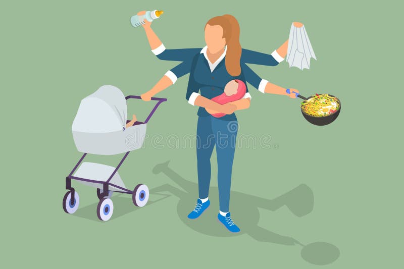 3D Isometric Flat Vector Illustration of Multitasking Mother Stock ...