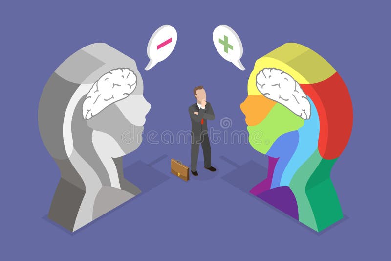 3D Isometric Flat Vector Illustration of Positive and Negative Thinking ...
