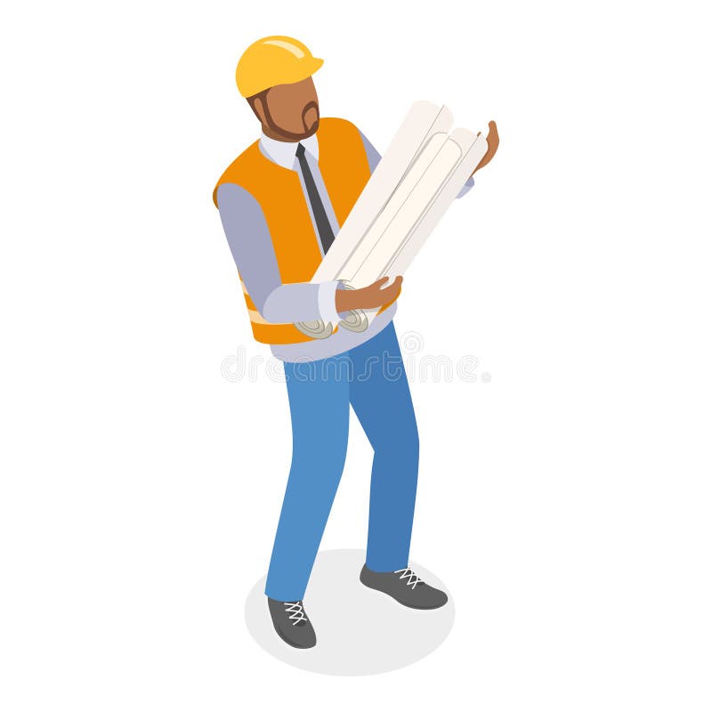 Illustration of Two Engineers in Helmets with Blueprints at a ...