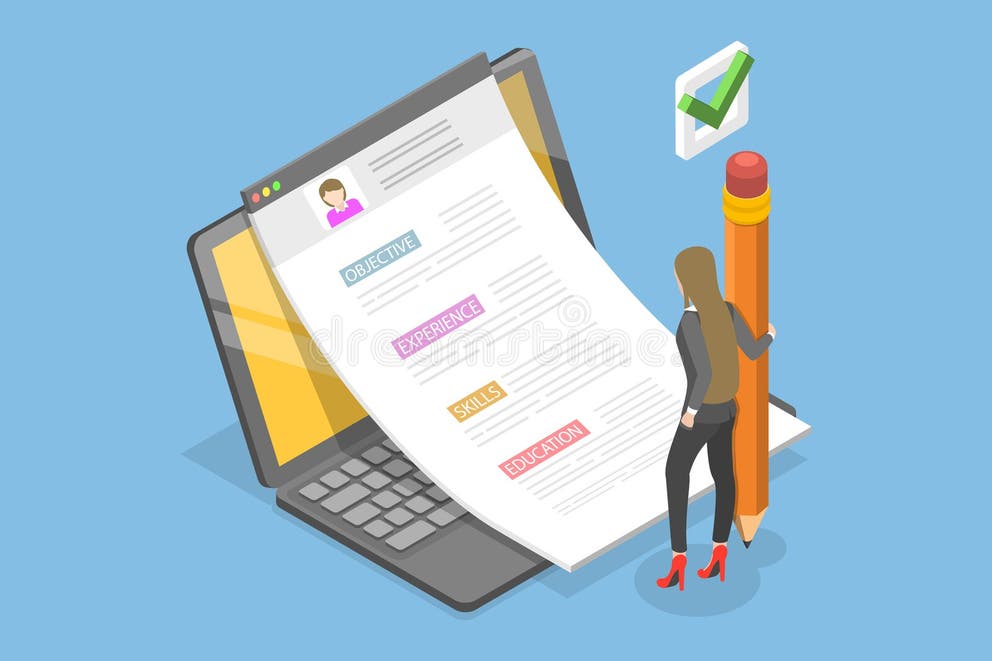 3D Isometric Flat Vector Illustration of Writing a CV for Vacancy ...