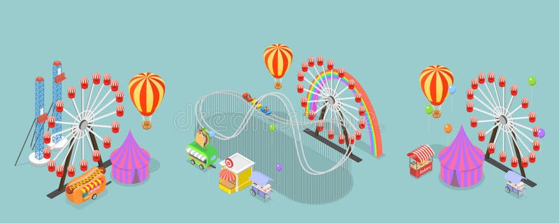 3D Isometric Flat Vector Set of Amusement Parks Stock Vector ...