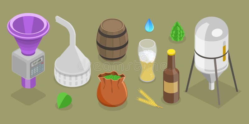 3D Isometric Flat Vector Set of Beer Production Elements Stock Vector ...