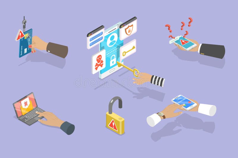 3D Isometric Flat Vector Set of Computer Hacking Scenes Stock Illustration - Illustration of ...