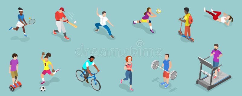 3D Isometric Flat Vector Set of Different Physical Activities Stock ...
