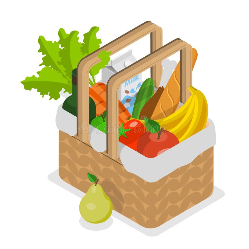 3D Isometric Flat Vector Set of Picnic Baskets. Item 3 Stock Vector - Illustration of fruit ...