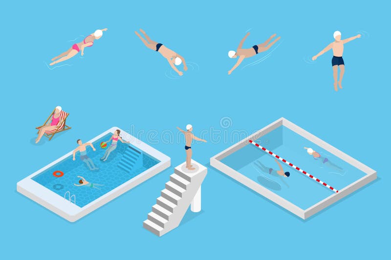 3D Isometric Flat Vector Set of Pool Swimmers Stock Vector ...