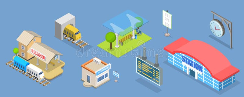 3D Isometric Flat Vector Set of Railway Station Elements Stock Vector ...