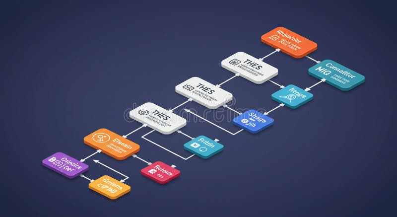 A 3D Isometric Flowchart on a Dark Blue Background. it Includes ...