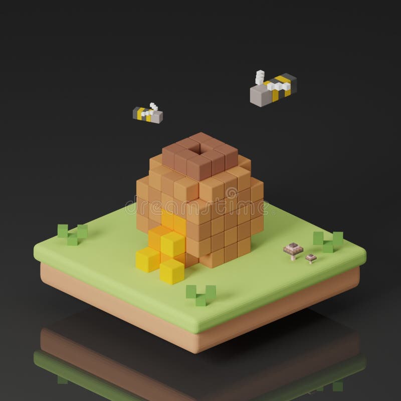 3D Isometric Honeycomb Pixel with Bee in Garden, Classic Game Stock ...