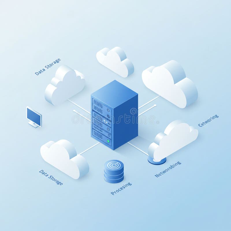 A 3D Isometric Illustration Depicts a Central Blue Server Connected To ...