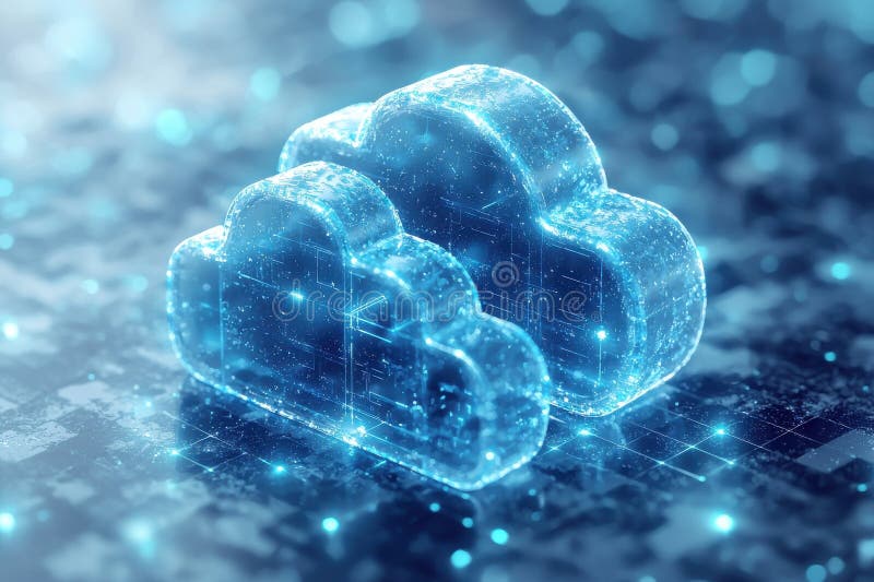 3D Isometric Cloud Storage Icons Glowing in Blue Digital Environment Stock Image - Image of ...