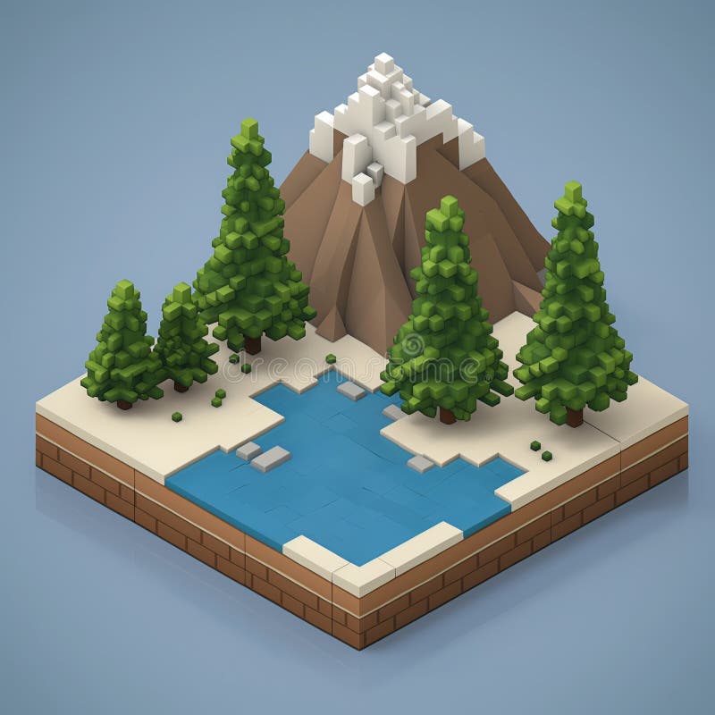 3D Isometric Landscape Snowy Mountain Pine Trees Blue Lake Stock ...