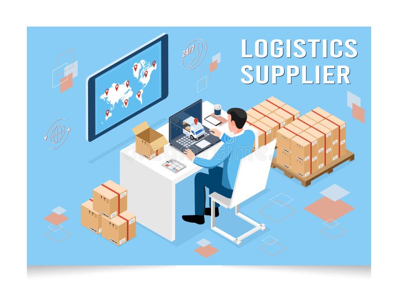 3D Isometric Logistics Supplier Concept with Businessman Working at a ...