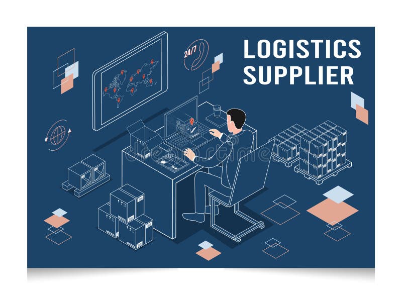 3D Isometric Logistics Supplier Concept with Businessman Working at a ...