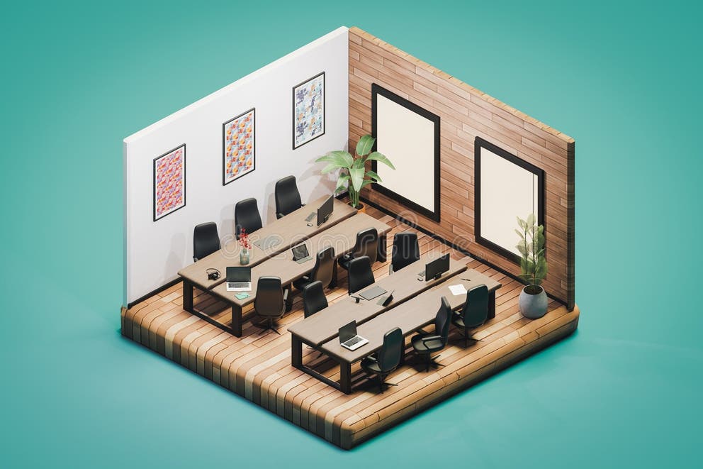 3D Isometric Low Poly Office Room with Many Workplace in Modern ...