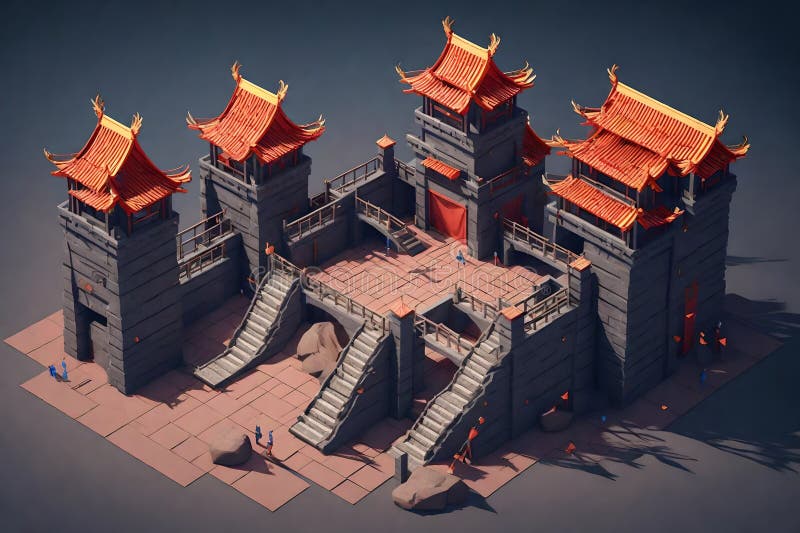 3d Isometric Model of a Chinese Temple Isolated Against a Solid Color ...