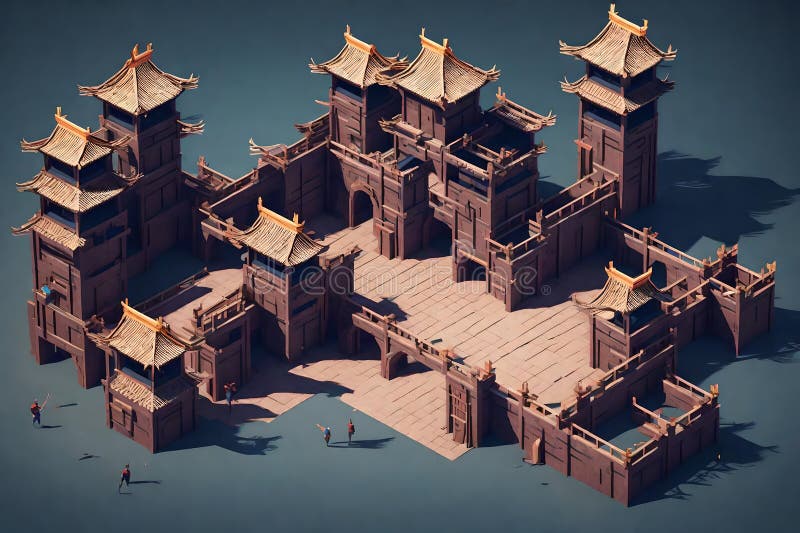 3d Isometric Model of a Chinese Temple Isolated Against a Solid Color ...