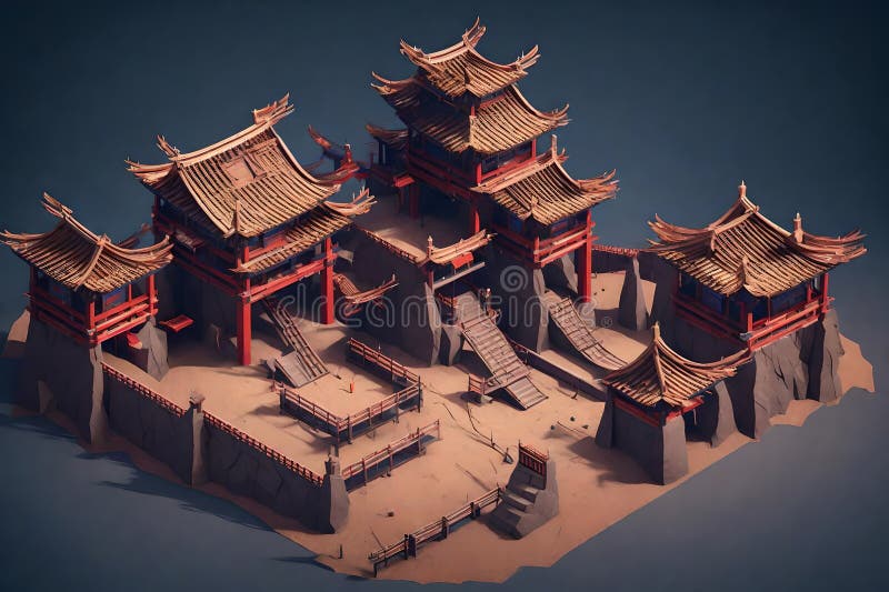 3d Isometric Model of a Chinese Temple, Isolated Against a Solid Color ...