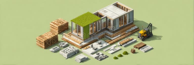3D Isometric Model Showcasing Modular House Construction with Materials ...