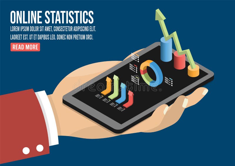 3D Isometric Online Statistics Concept with Human Hands Holding Mobile ...