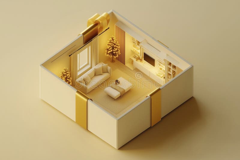 3D Isometric Open Gift Box with a Living Room Inside Ai Photo Stock ...