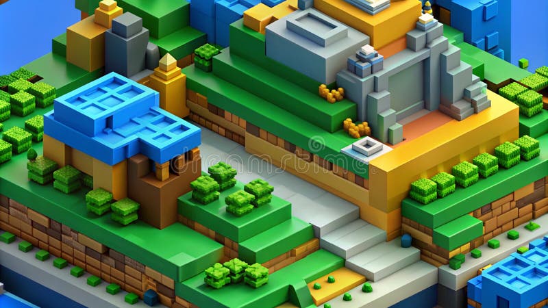 A 3D Isometric Pixel Art Landscape with a Blue Building, Green Grass ...