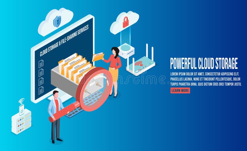 3D Isometric Powerful Cloud Storage, Data Center, File Management ...