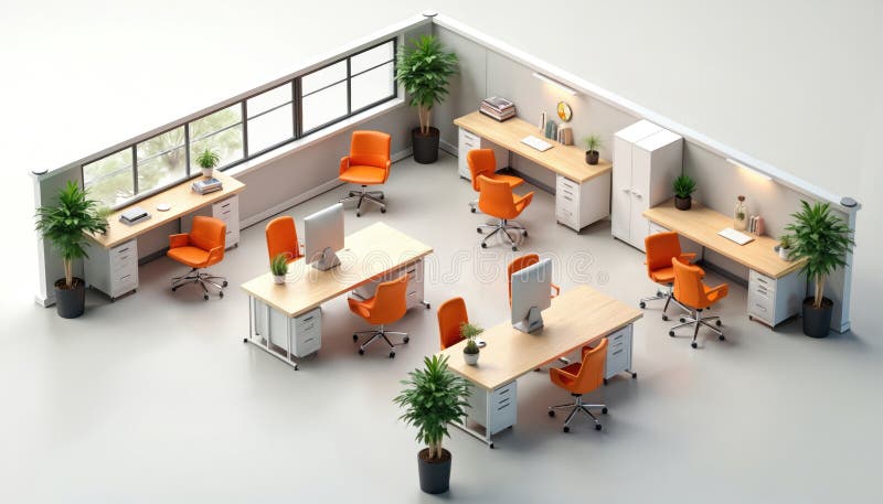 3D Isometric Rendering of Modern Commercial Office Space. Workspaces ...
