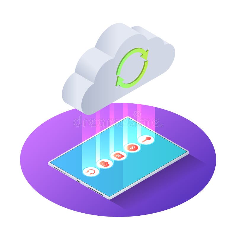 3d Isometric Tablet Pc Uploading File To Cloud Stock Vector ...