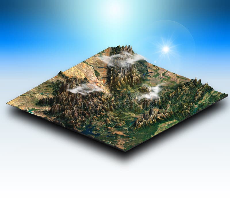 3D Isometric Landscape Design with Clouds and Sun Stock Illustration ...