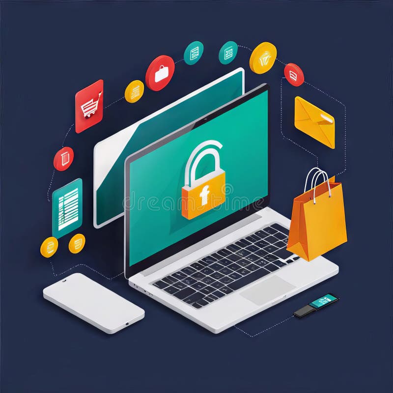 3d Isometric Illustration of Computer Laptop with Lock and Credit Card ...