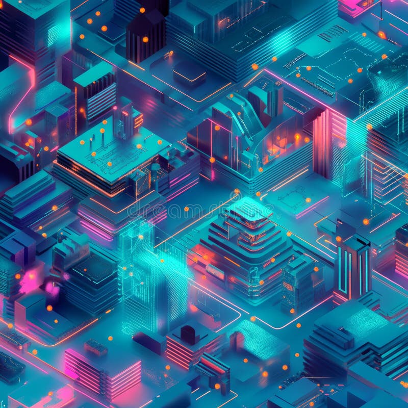 3D Isometric View of a Digital Landscape with Neon Lighting and ...