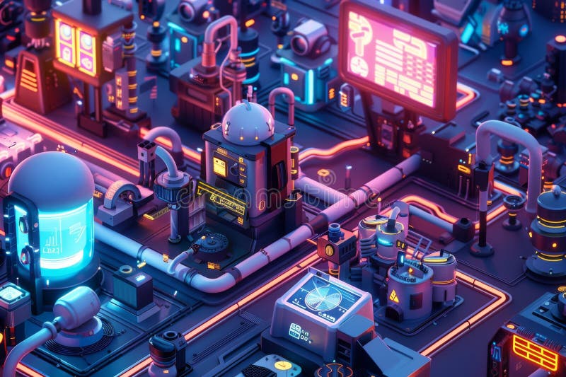 A 3D Isometric View of a Small Cute Neon Factory in the Future ...
