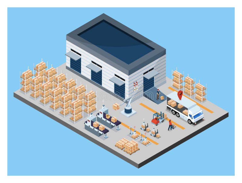 3D Isometric Warehouse Logistic Concept with Workers Loading Products ...