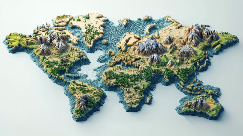 A 3D Isometric World Map with Raised Landscapes, Stock Illustration ...