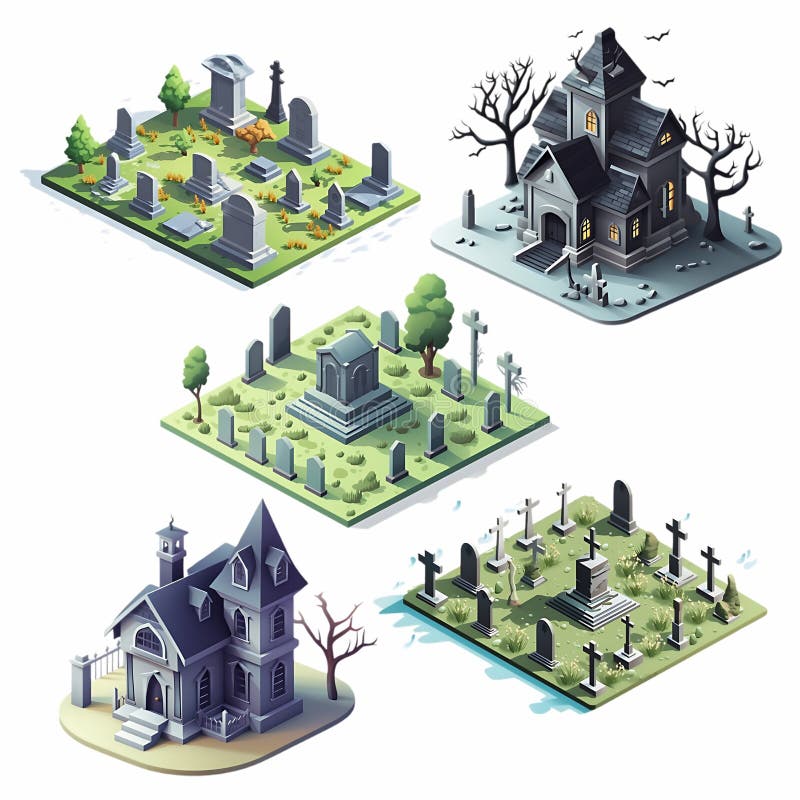 3D Isometrics Haunted House and Graveyard Stock Illustration ...