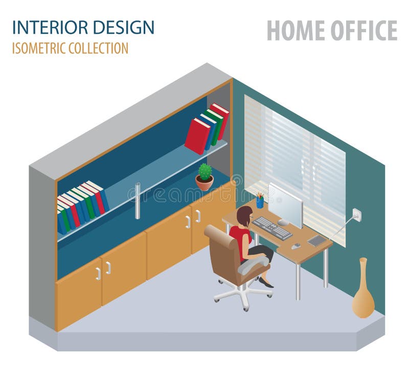 3d Isometry Interior Design Collection. Home Office Stock Vector - Illustration of lifestyle ...