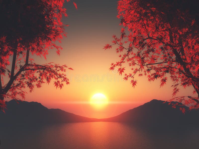 3D Japanese Maple Trees Against a Sunset Sea Landscape Stock ...