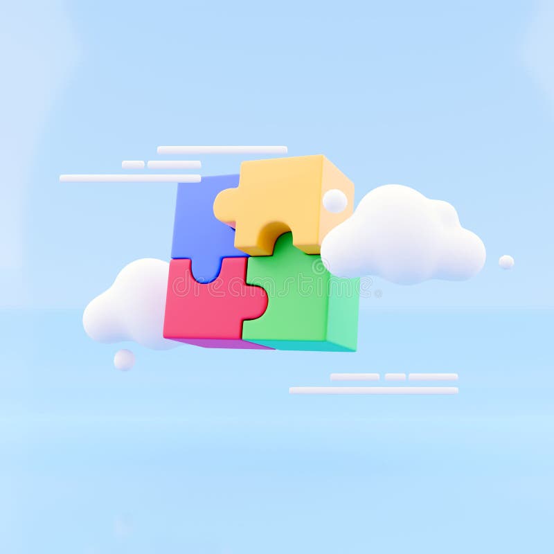 3D Jigsaw Puzzle Pieces with Cloud on Blue Background. Problem-solving ...