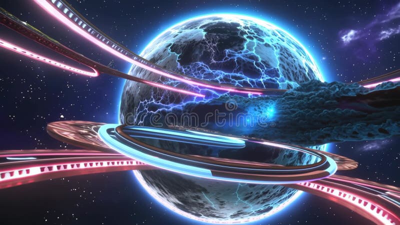 3D, 4K Image of a Glowing Planet Surrounded by Dynamic Neon Rings and ...