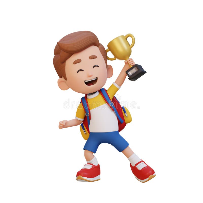 3D Kid Character Celebrating Win Holding a Trophy Stock Image ...