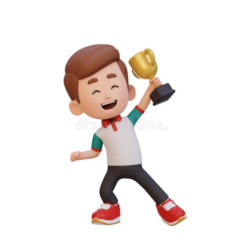3D Kid Character Celebrating Win Holding a Trophy Stock Image ...