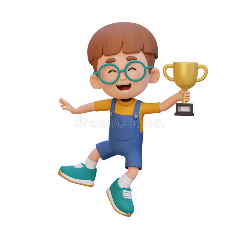 3D Kid Character Celebrating Win Holding a Trophy Stock Image ...