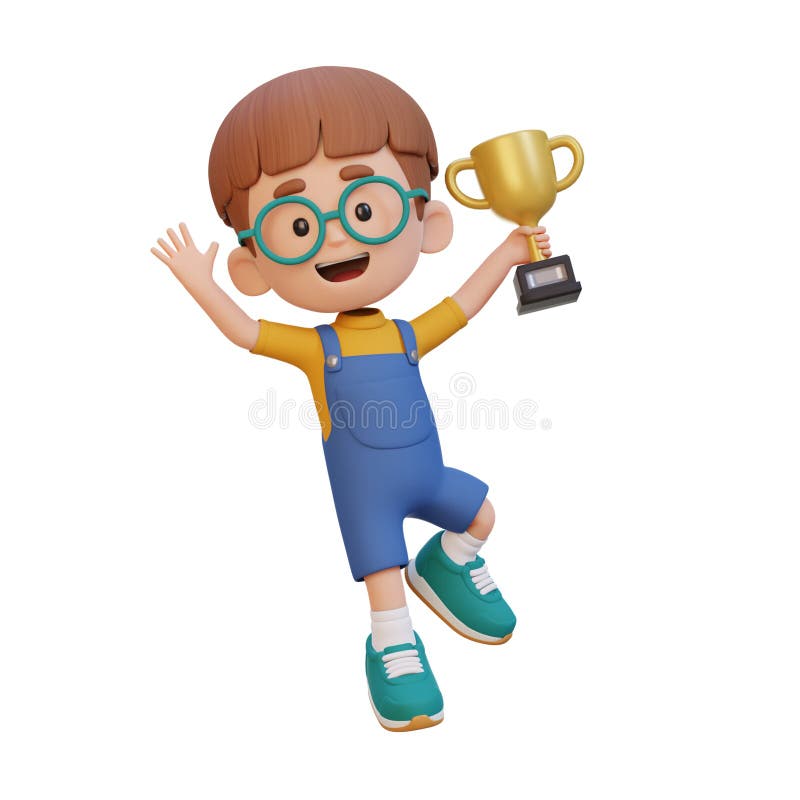 3D Kid Character Celebrating Win Holding a Trophy Stock Photo ...